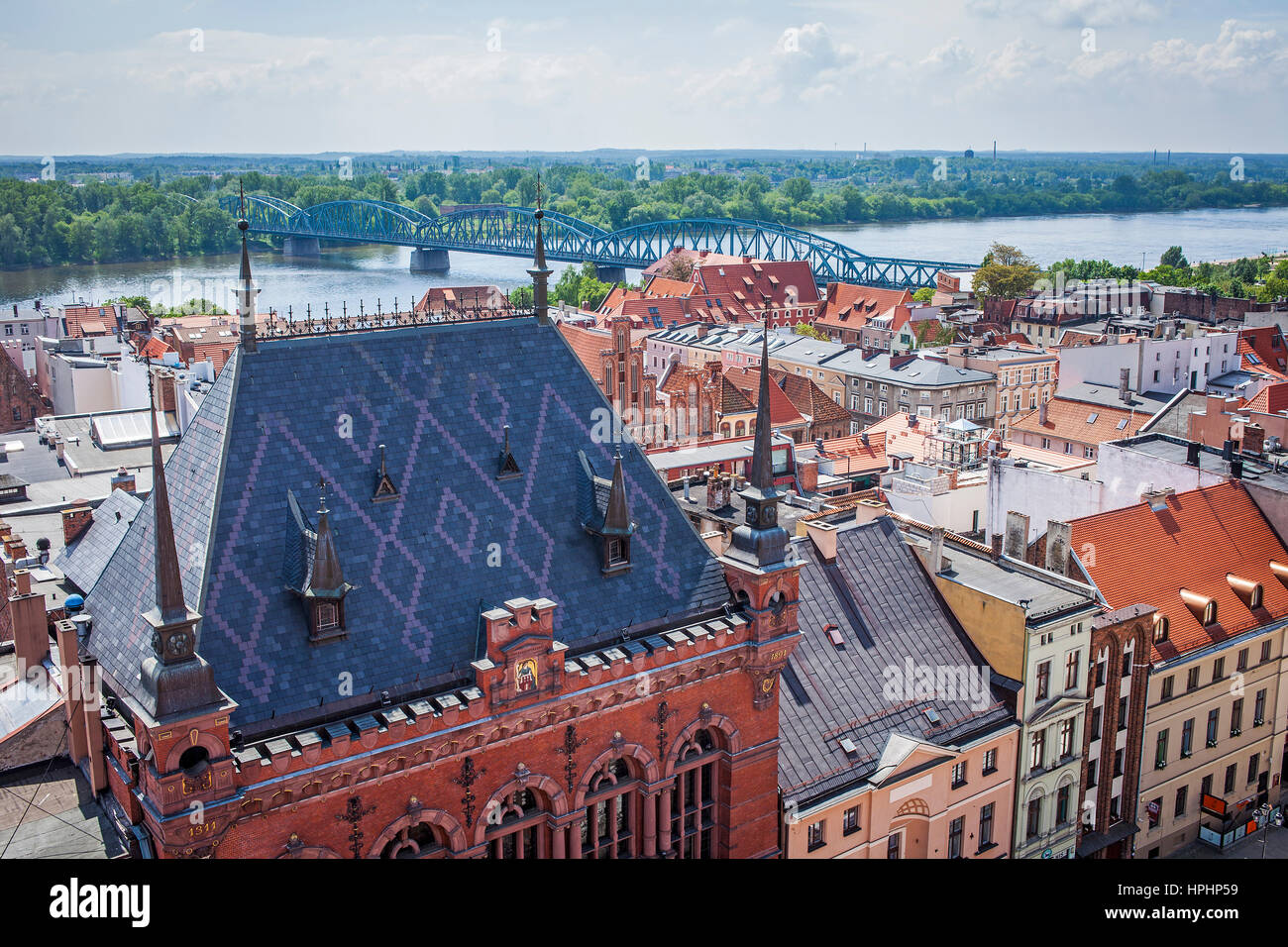 City skyline, at left Artus Court,in background Vistula river, Torun ...
