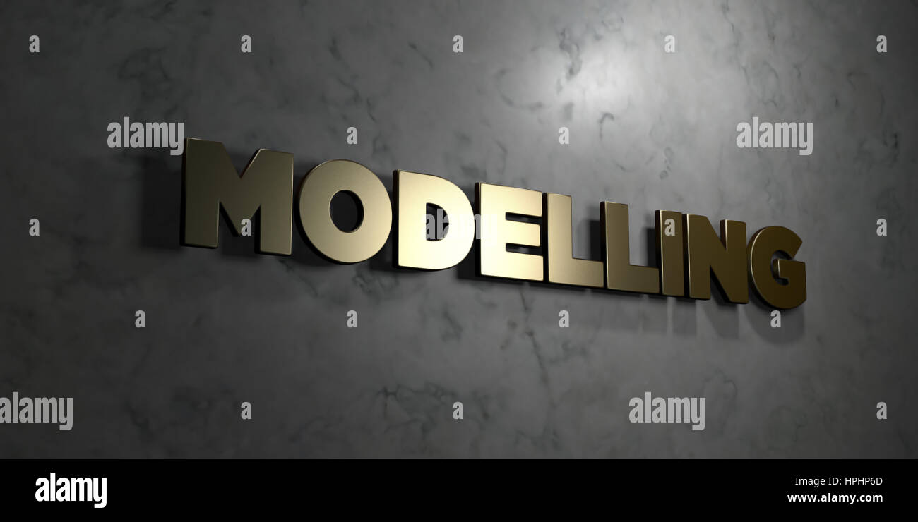 Modelling - Gold text on black background - 3D rendered royalty free ...