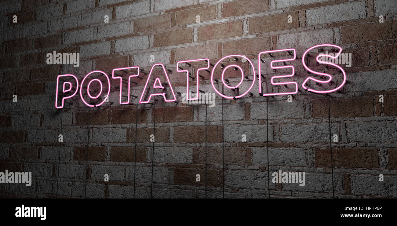 POTATOES - Glowing Neon Sign on stonework wall - 3D rendered royalty ...