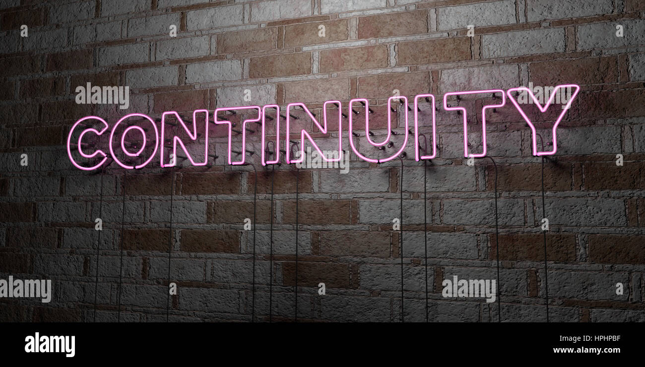 CONTINUITY - Glowing Neon Sign on stonework wall - 3D rendered royalty ...