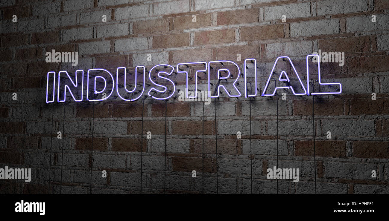 INDUSTRIAL - Glowing Neon Sign on stonework wall - 3D rendered royalty ...