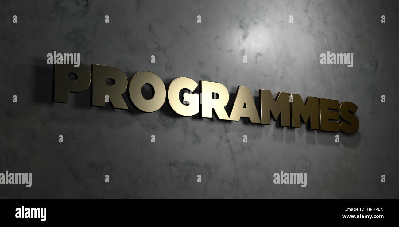Programmes - Gold text on black background - 3D rendered royalty free ...