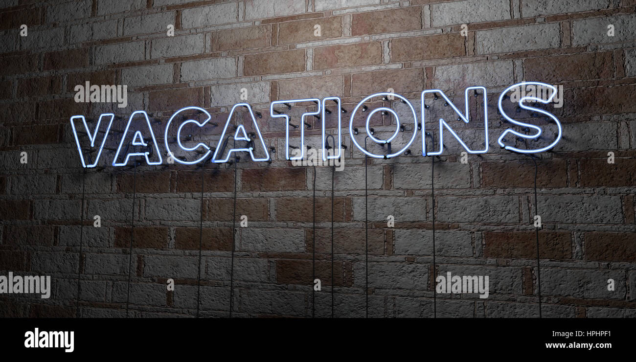 VACATIONS - Glowing Neon Sign on stonework wall - 3D rendered royalty ...