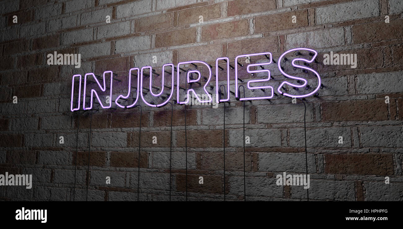 INJURIES - Glowing Neon Sign on stonework wall - 3D rendered royalty ...