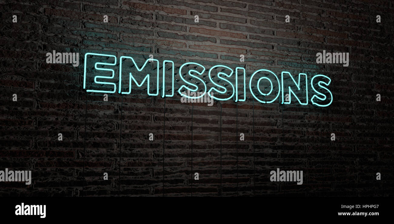 EMISSIONS -Realistic Neon Sign on Brick Wall background - 3D rendered ...