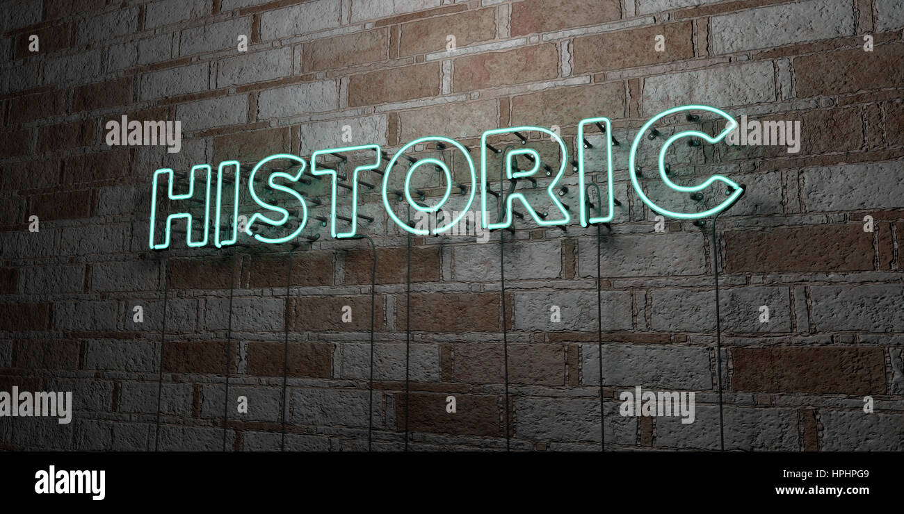 HISTORIC - Glowing Neon Sign on stonework wall - 3D rendered royalty ...