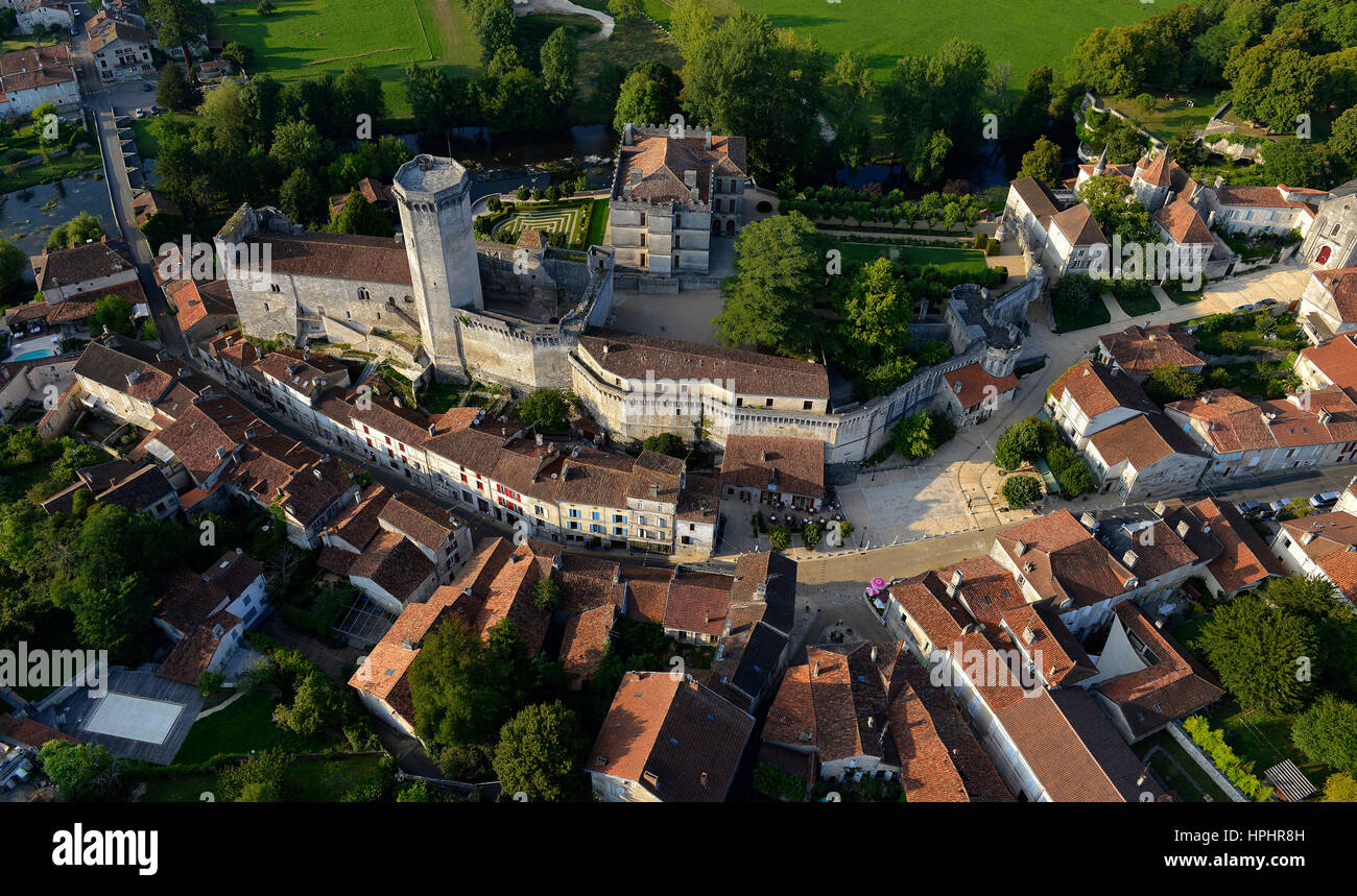 France, Dordogne, aerial view of Bourdeilles castle and the village ...