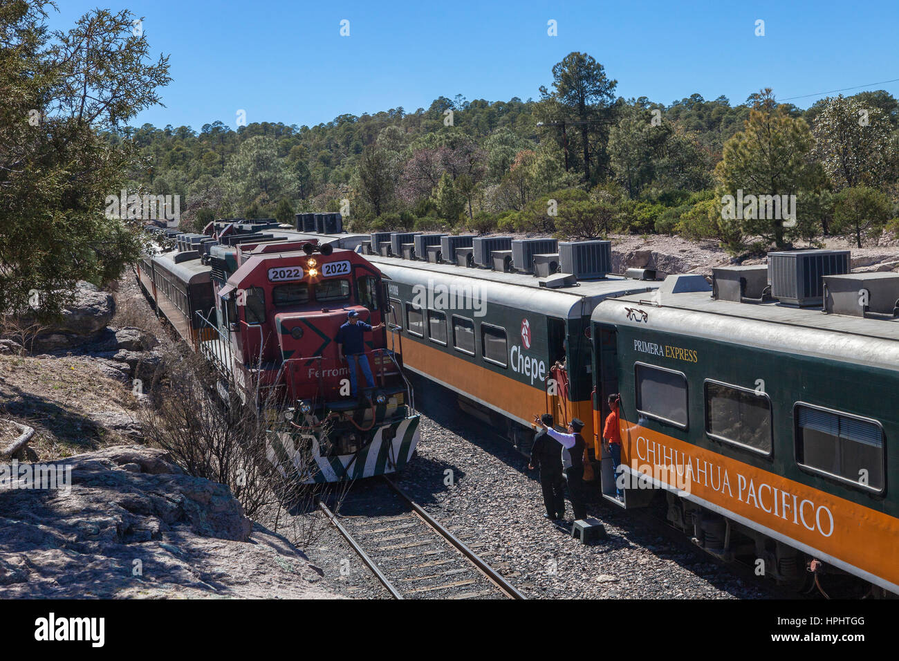 Mexico, Chihuahua State, El Chepe, Chihuahua Pacifico, Two trains ...