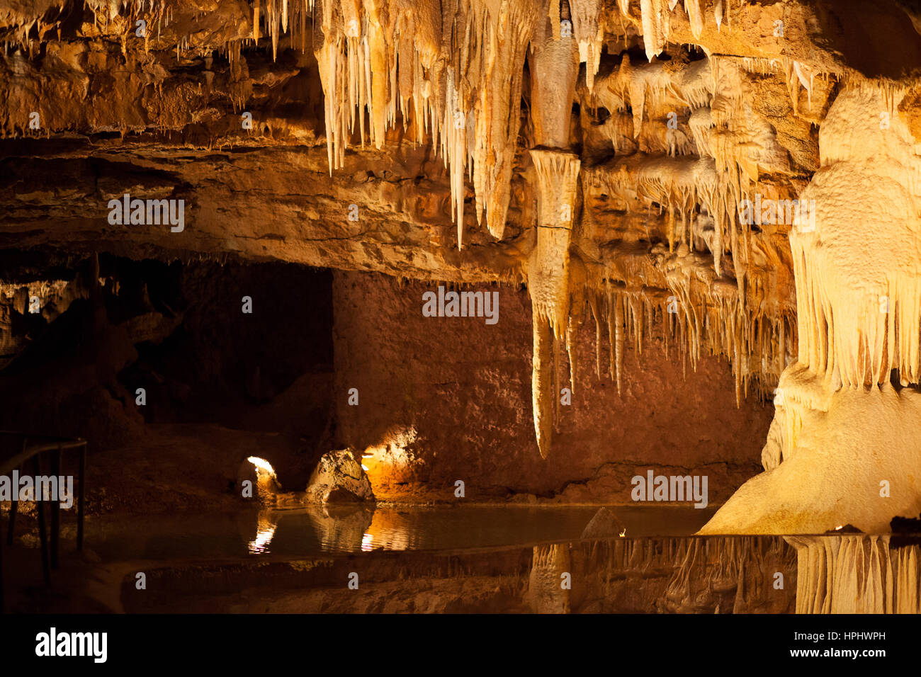 France, Lot, Cave of Lacave, Underground lake and stalactite ceiling ...