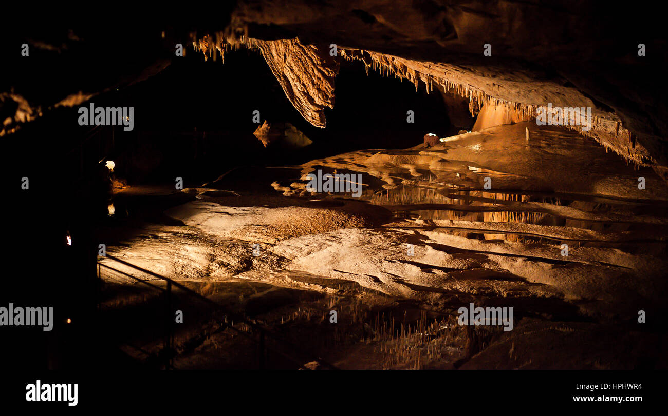 France, Lot, Cave of Lacave, Underground lake and stalactites ceiling ...