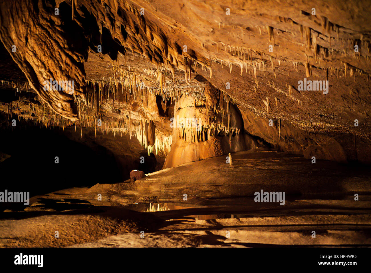 France, Lot, Cave of Lacave, Underground lake and stalactites ceiling ...