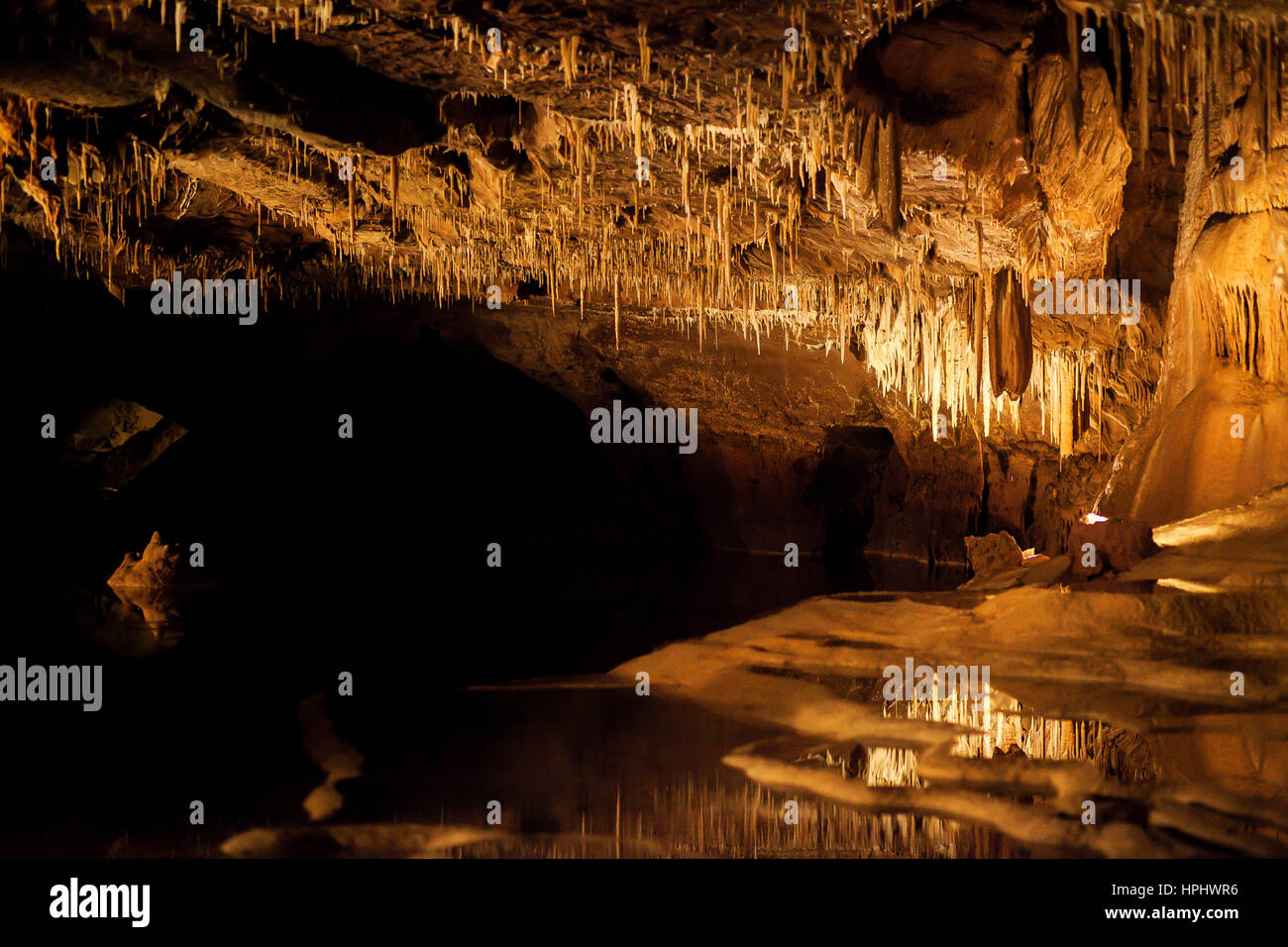 France, Lot, Cave of Lacave, Underground lake and stalactites ceiling ...