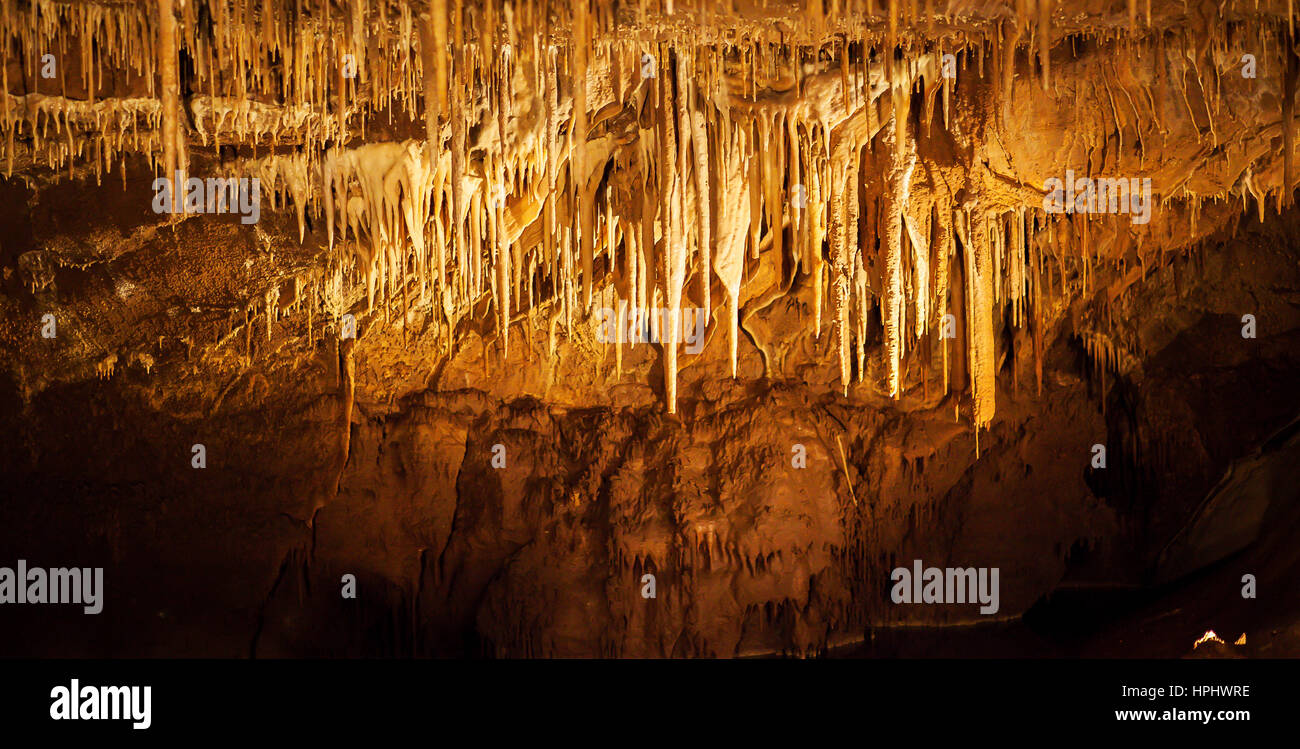 France, Lot, Cave of Lacave, Underground lake and stalactites ceiling ...