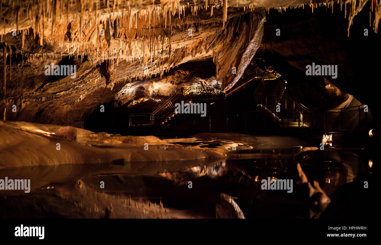 France, Lot, Cave of Lacave, Underground lake and stalactites ceiling ...