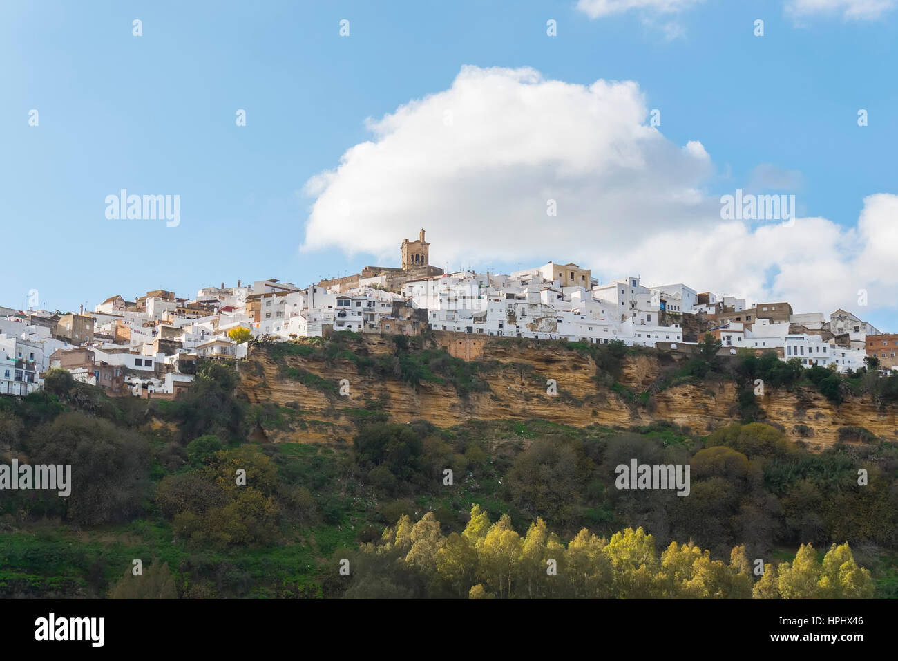 Panoramic of Arcos de la Frontera, white town built on a rock along ...