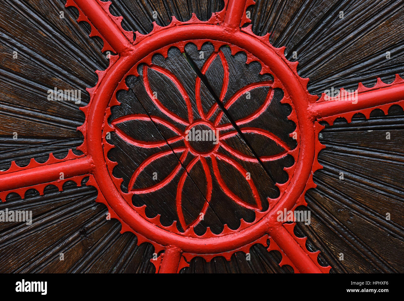Detail of a red forged metallic gate. Forged decorative fence Stock ...