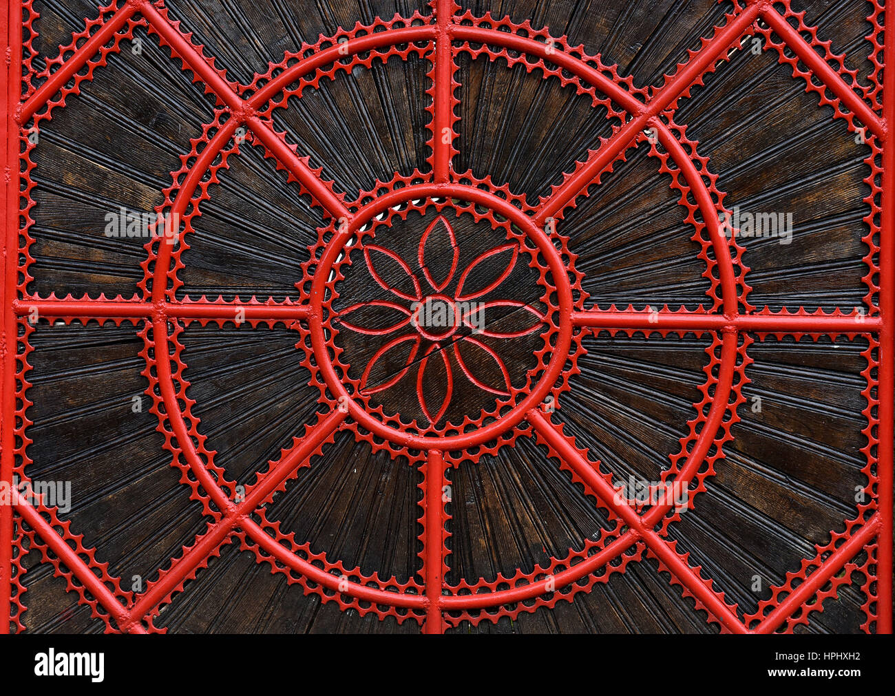 Detail of a red forged metallic gate. Forged decorative fence Stock ...