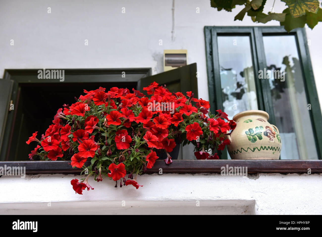 Rural house with red Geranium flowers in the porch Stock Photo - Alamy