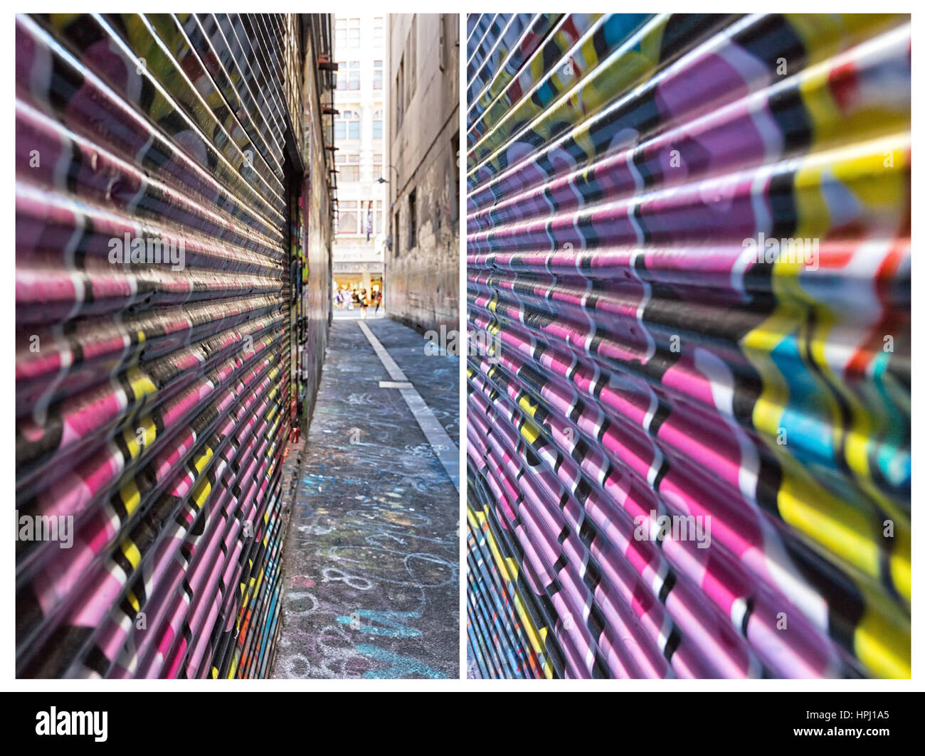 Collage of two vertical images of creative graffiti in a laneway ...