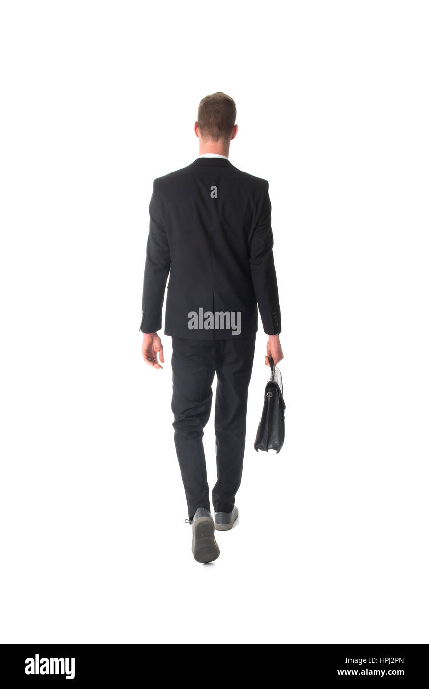 Back view business man walking with briefcase isolated over white ...