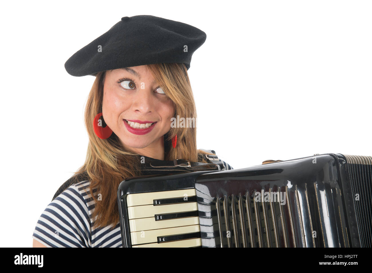 Portrait French girl making music with accordion instrument isolated ...