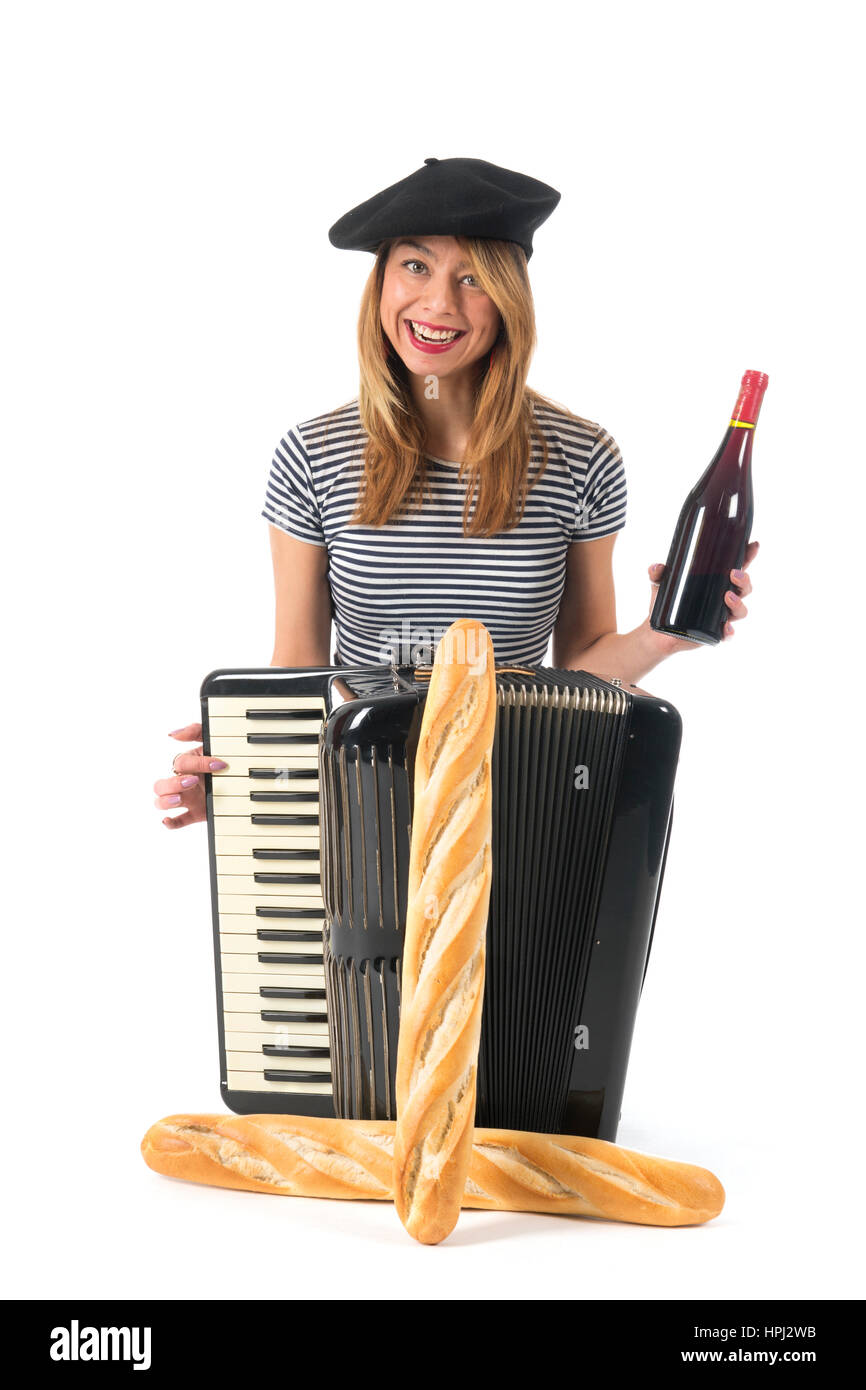 French girl making music with accordion instrument, bread and wine ...