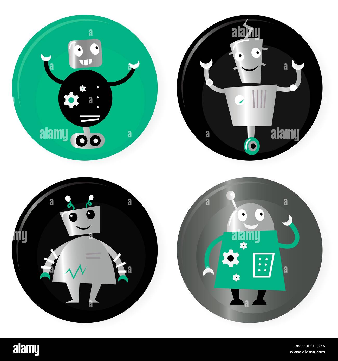 12162846 - happy robots friends badges. vector cartoon illustration ...