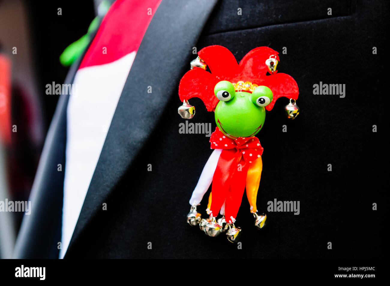Man wears a marsh frog badge in s'Hertogenbosch for "Oeteldonk ...