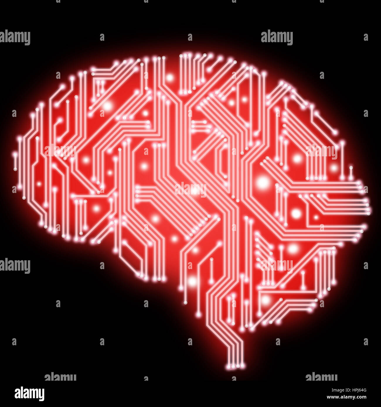 Illustration of red human brain in form of circuit board on black ...