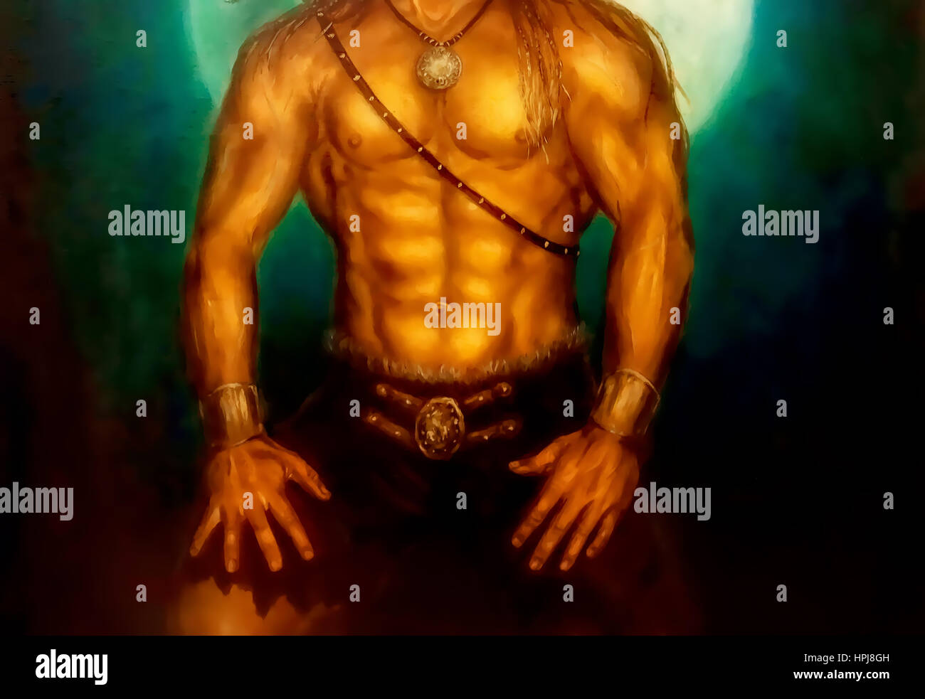 Warrior body with jewelry and night mooin in background. Painting and ...