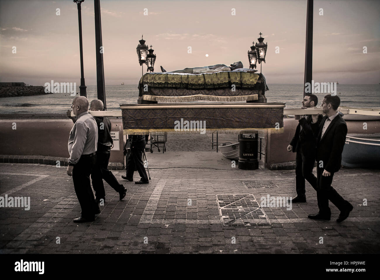 A religious procession by the beach in Gibraltar. The easter Cathloic ...