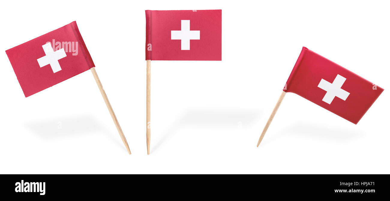Small cocktail flags of Switzerland in different positions isolated on ...