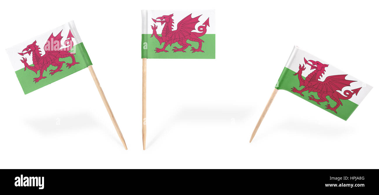 Small cocktail flags of Wales in different positions isolated on white ...