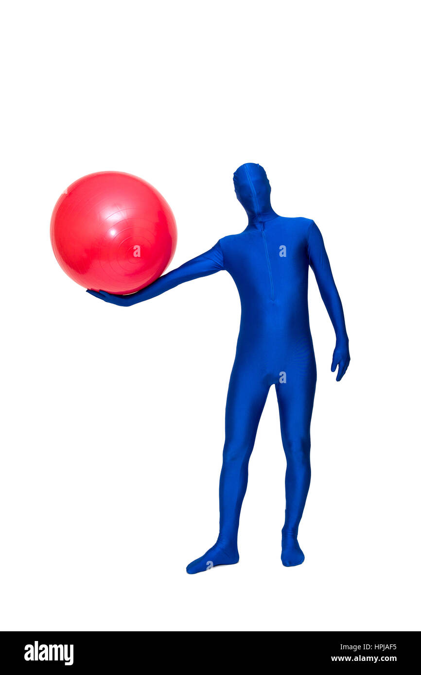 Mysterious blue man in morphsuit exercise with pilates ball isolated on ...