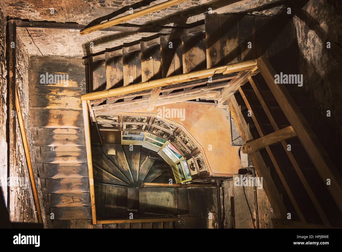 BOLOGNA, ITALY - FEBRUARY 08, 2017. Wooden steps inside Asinelli Tower ...