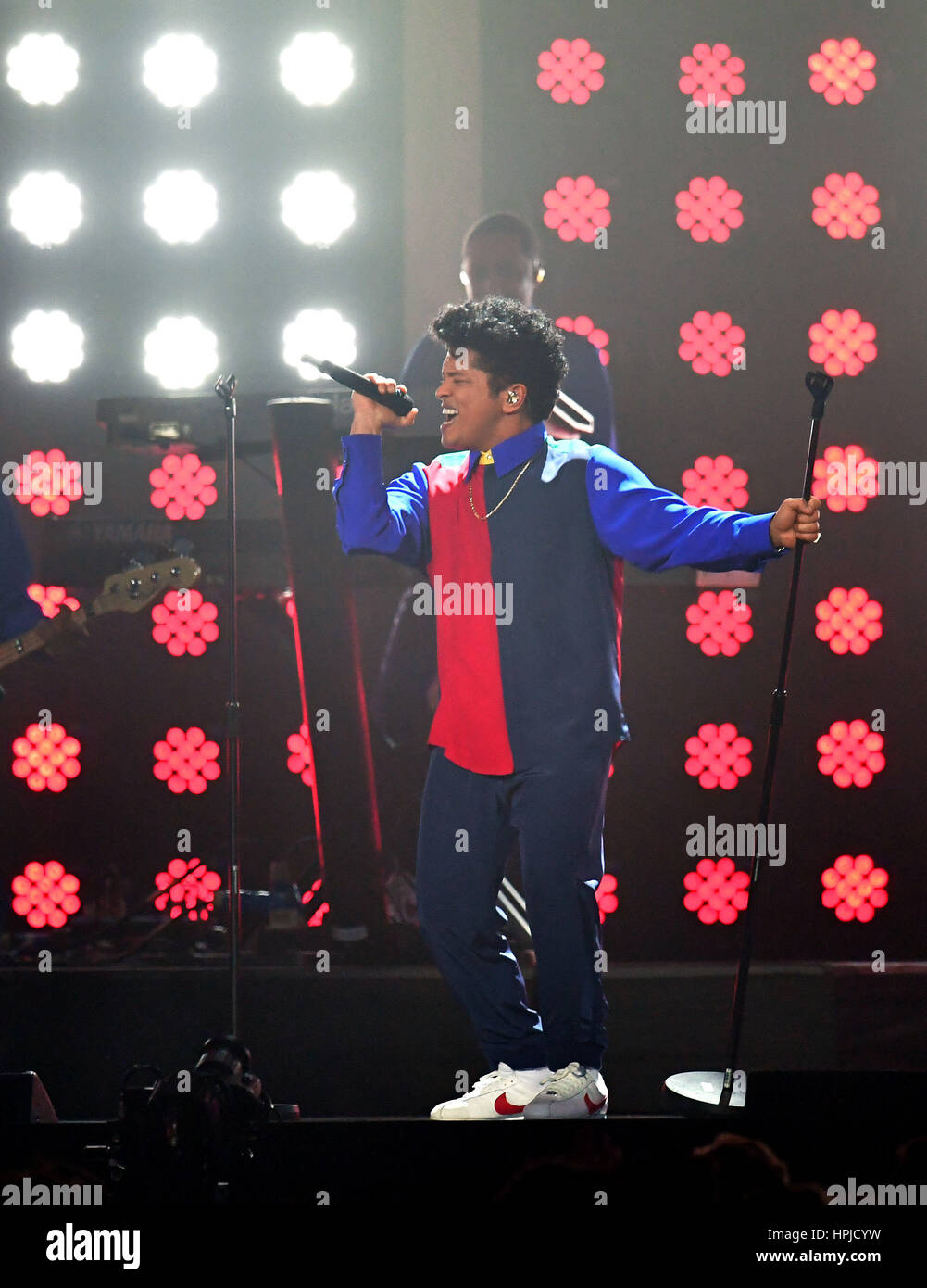 Bruno Mars performing on stage at the Brit Awards at the O2 Arena ...