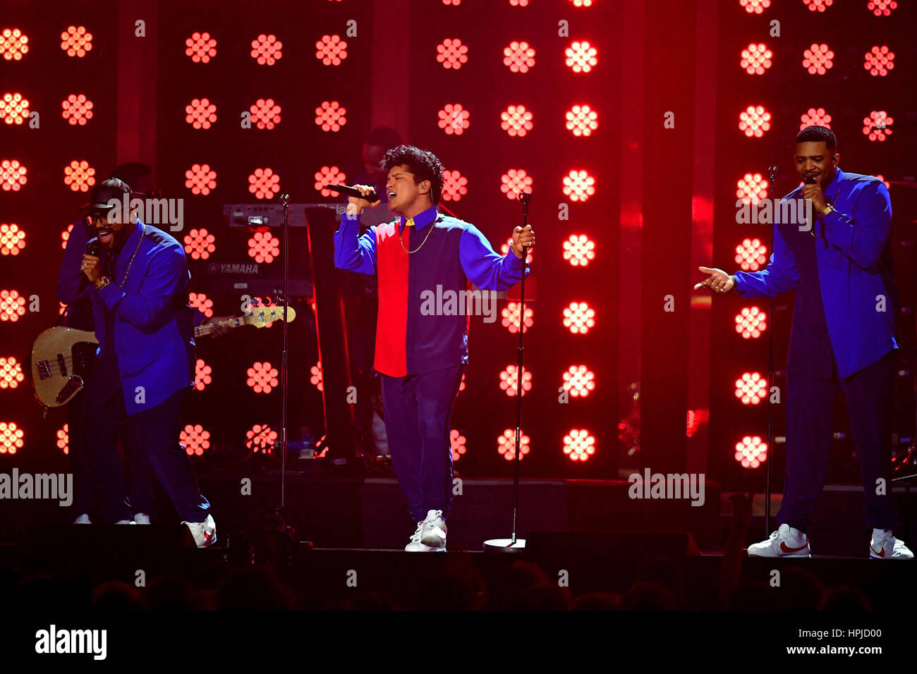 Bruno Mars performing on stage at the Brit Awards at the O2 Arena ...