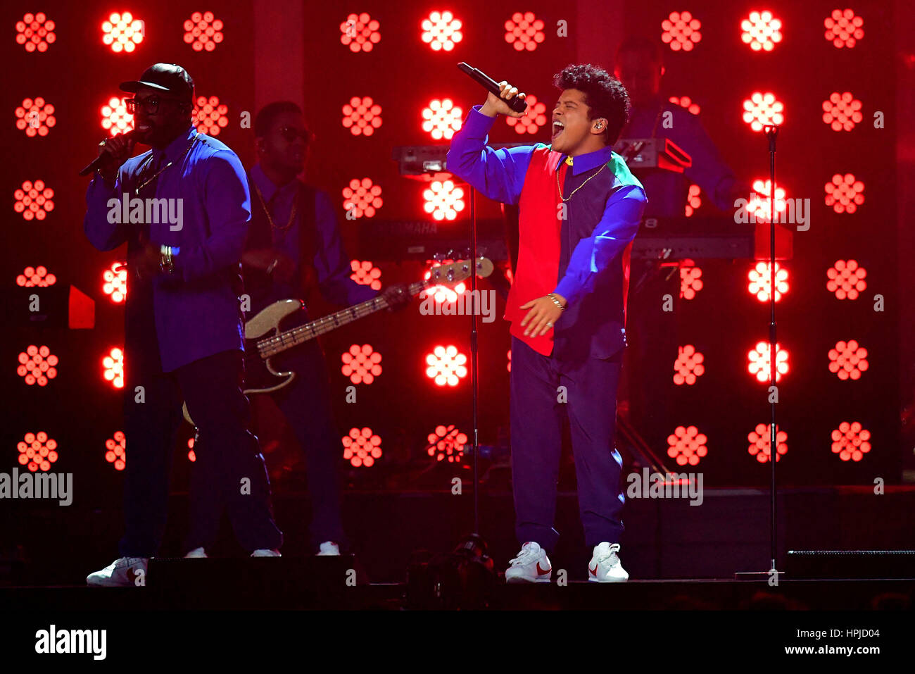 Bruno Mars performing on stage at the Brit Awards at the O2 Arena ...