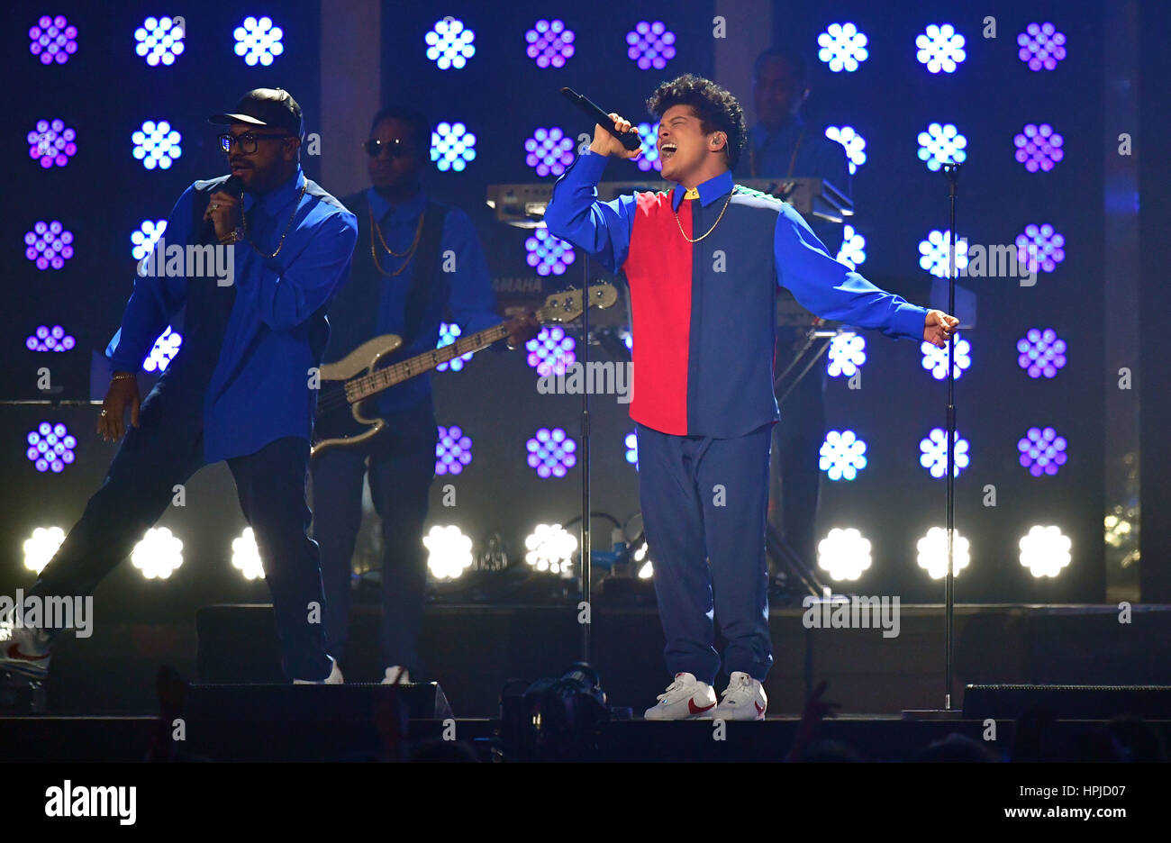 Bruno Mars performing on stage at the Brit Awards at the O2 Arena ...