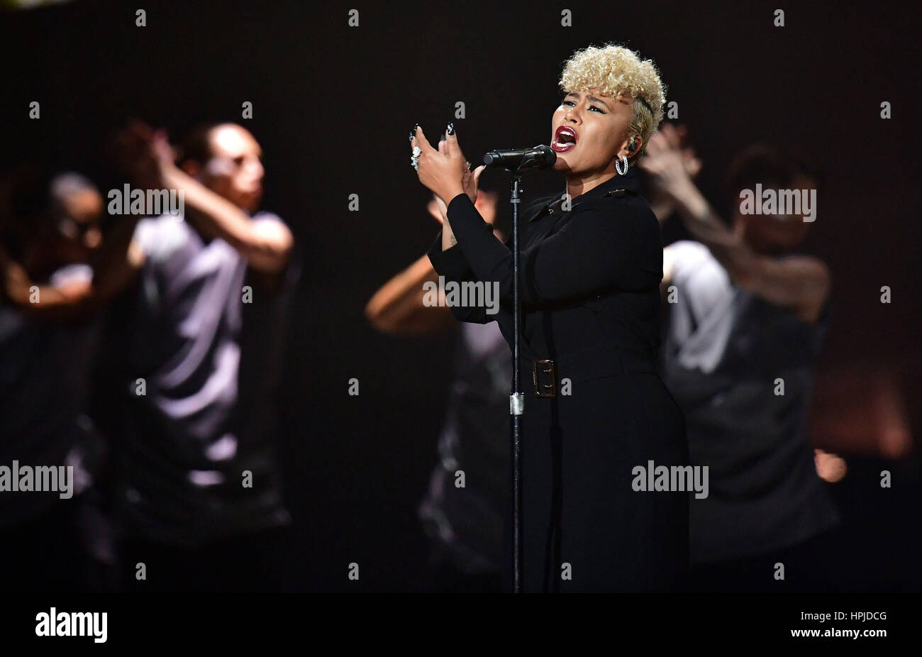 Emeli Sande performing on stage at the Brit Awards at the O2 Arena ...