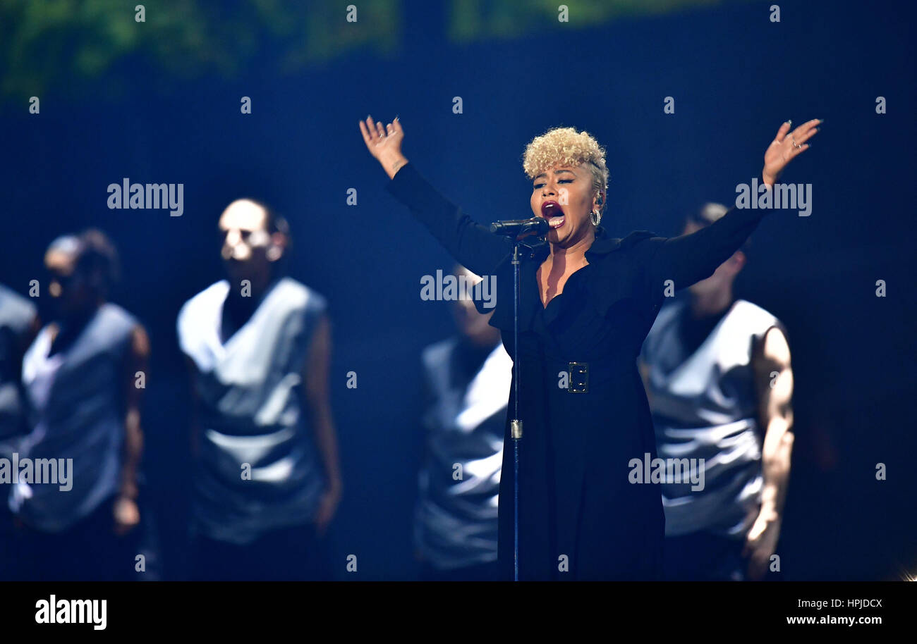 Emeli Sande performing on stage at the Brit Awards at the O2 Arena ...