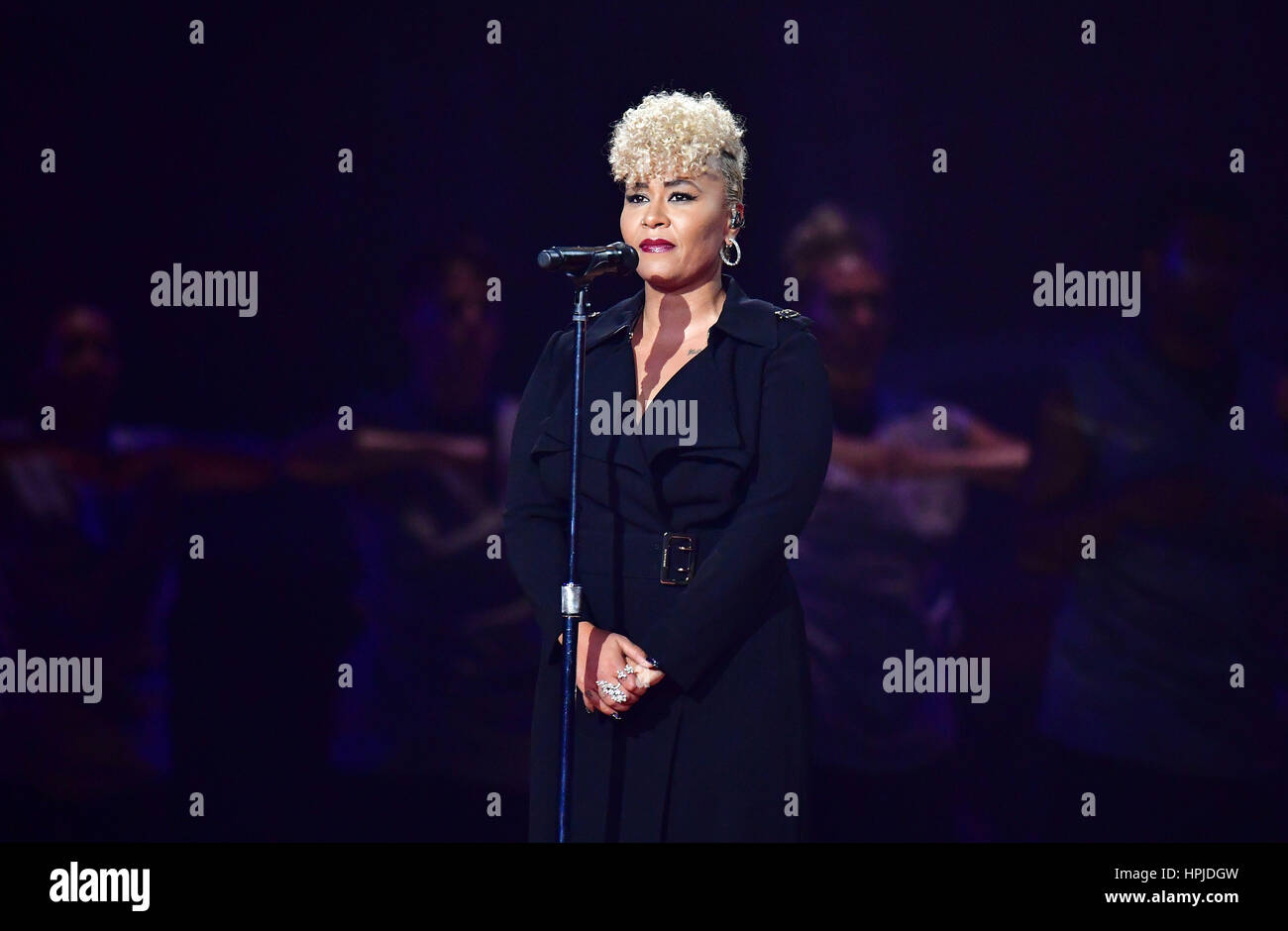 Emeli Sande performing on stage at the Brit Awards at the O2 Arena ...