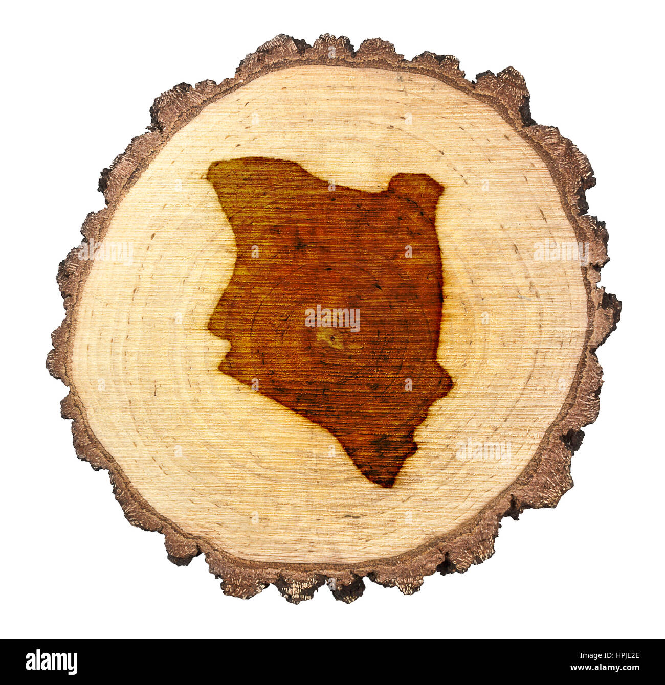 A slice of oak and the shape of Kenya branded onto .(series Stock Photo ...