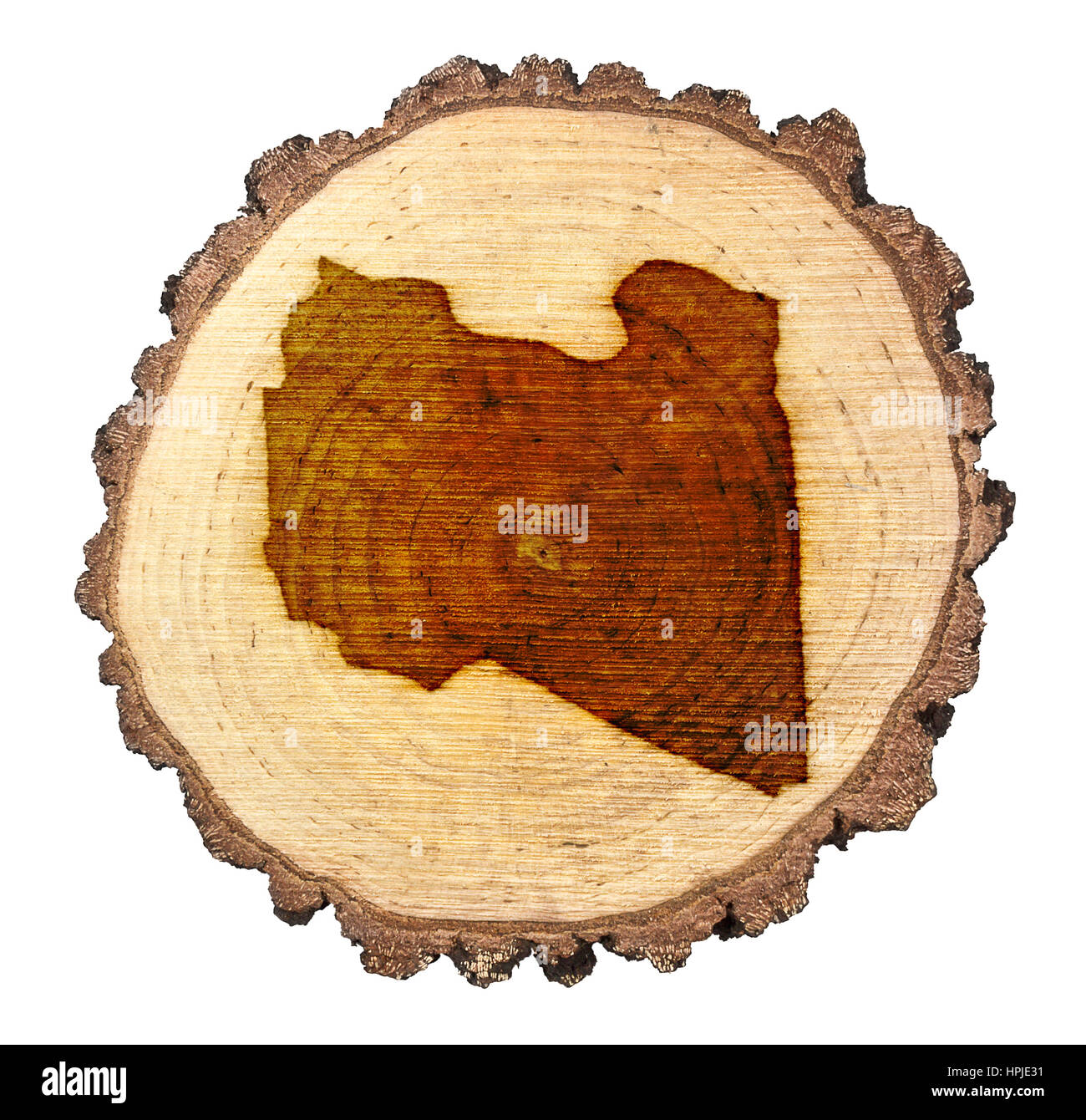 A slice of oak and the shape of Libya branded onto .(series Stock Photo ...
