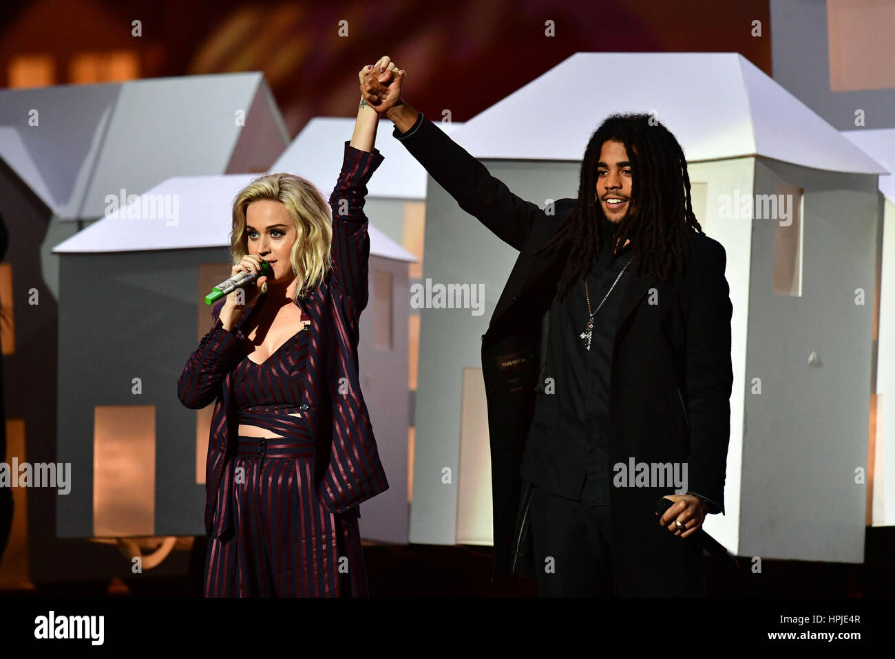 Katy perry performing at the o2 arena london hi-res stock photography ...