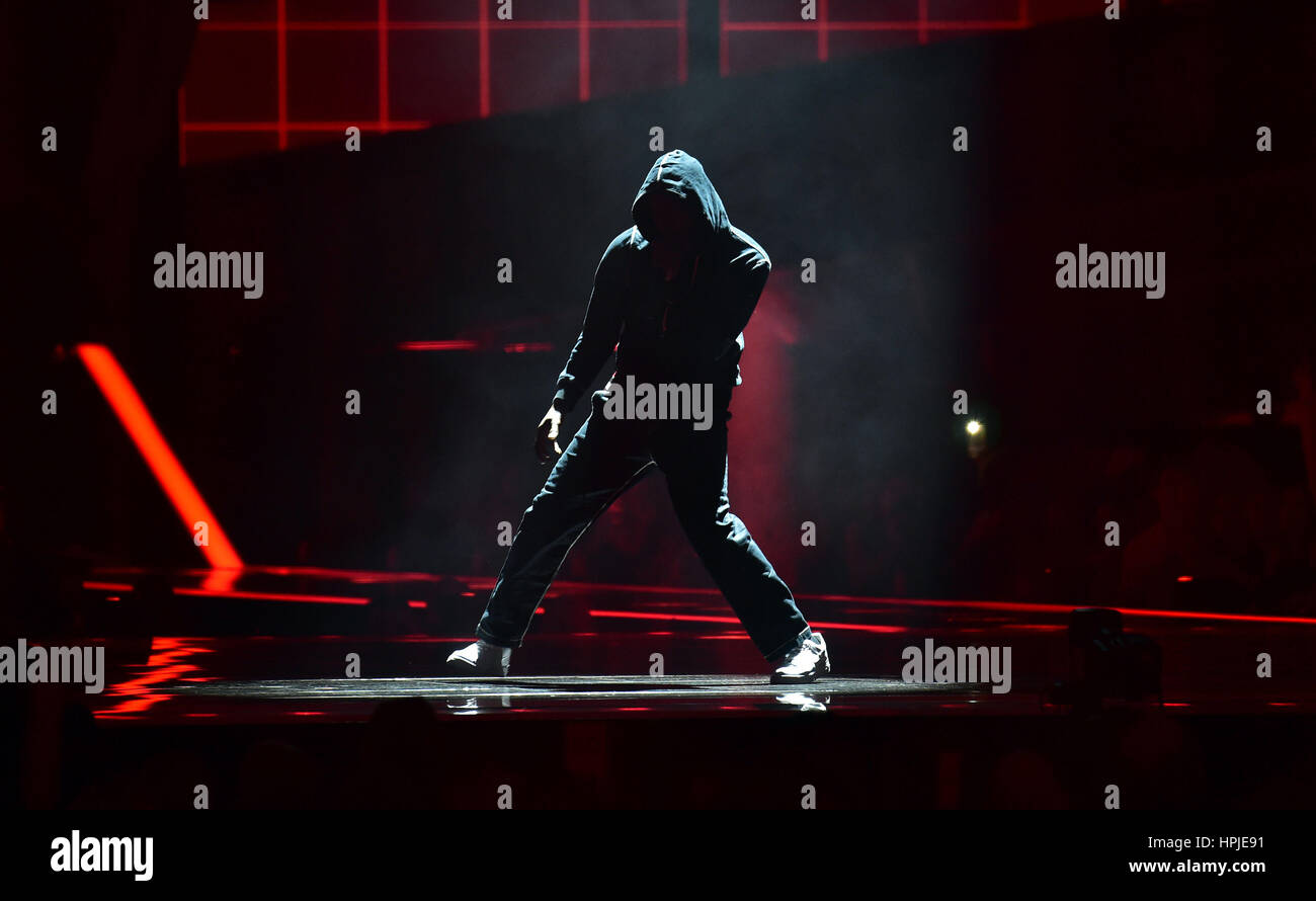 Skepta performing on stage at the Brit Awards at the O2 Arena, London ...