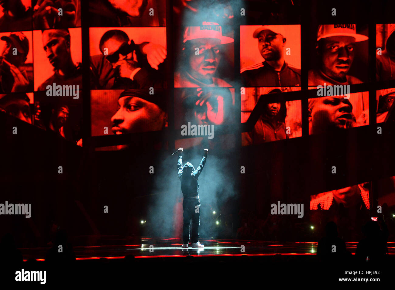 Skepta performing on stage at the Brit Awards at the O2 Arena, London ...