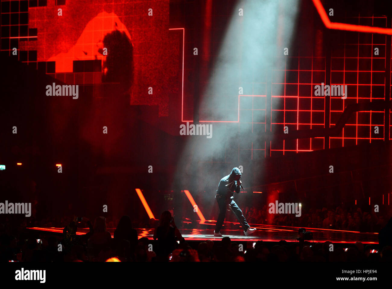 Skepta performing on stage at the Brit Awards at the O2 Arena, London ...
