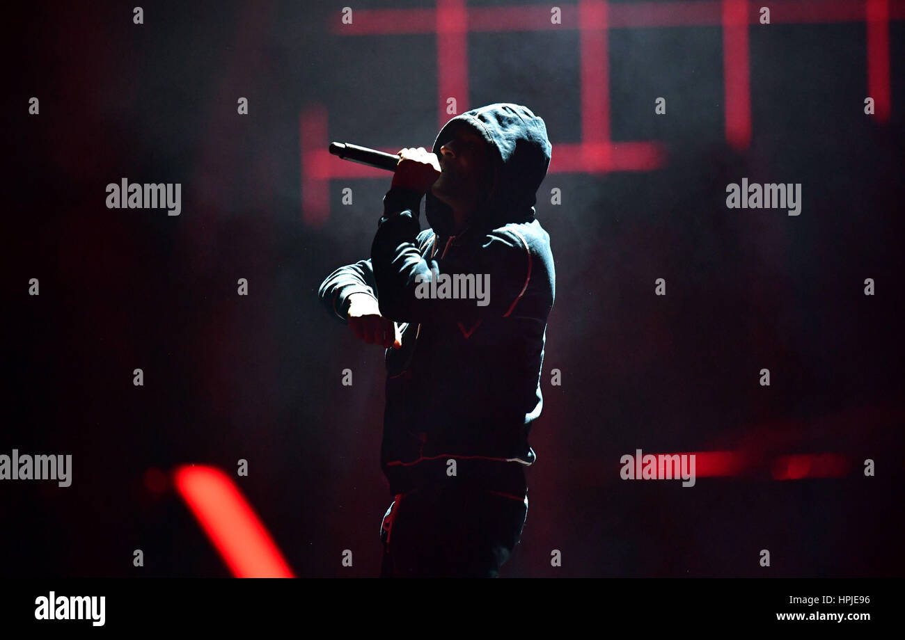 Skepta performing on stage at the Brit Awards at the O2 Arena, London ...