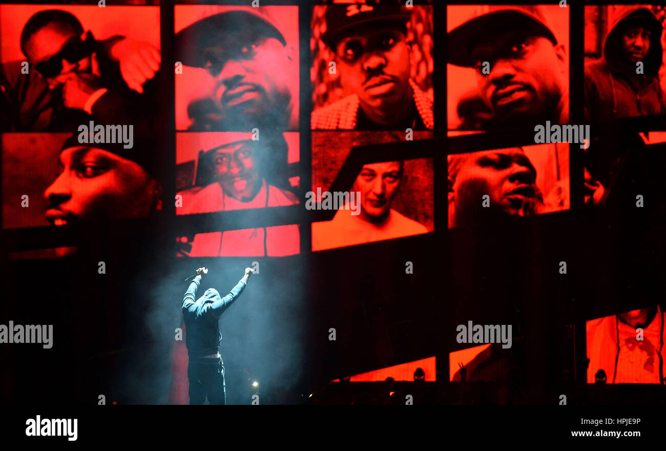 Skepta performing on stage at the Brit Awards at the O2 Arena, London ...